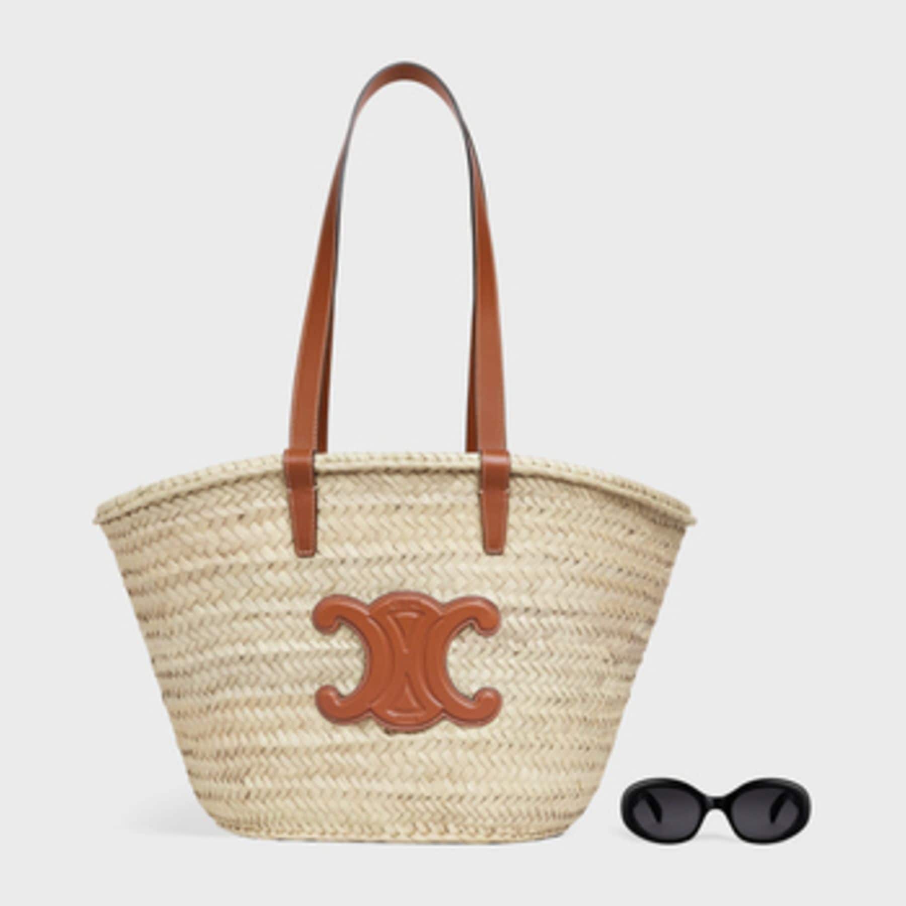 MEDIUM CELINE CLASSIC PANIER IN PALM LEAVES AND CALFSKIN - TAN | CELINE